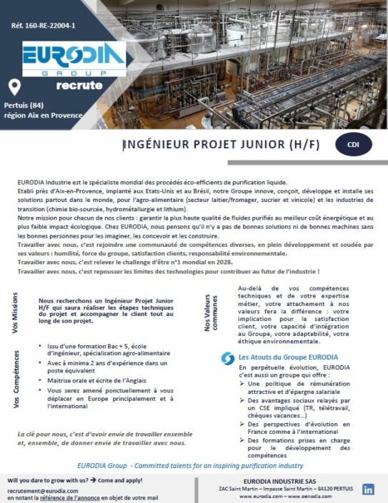 Ingénieur projet junior H/F – Eurodia